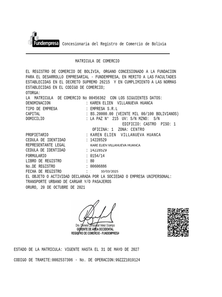 Matrícula de Comercio en Bolivia: KAREN ELIEN | PDF