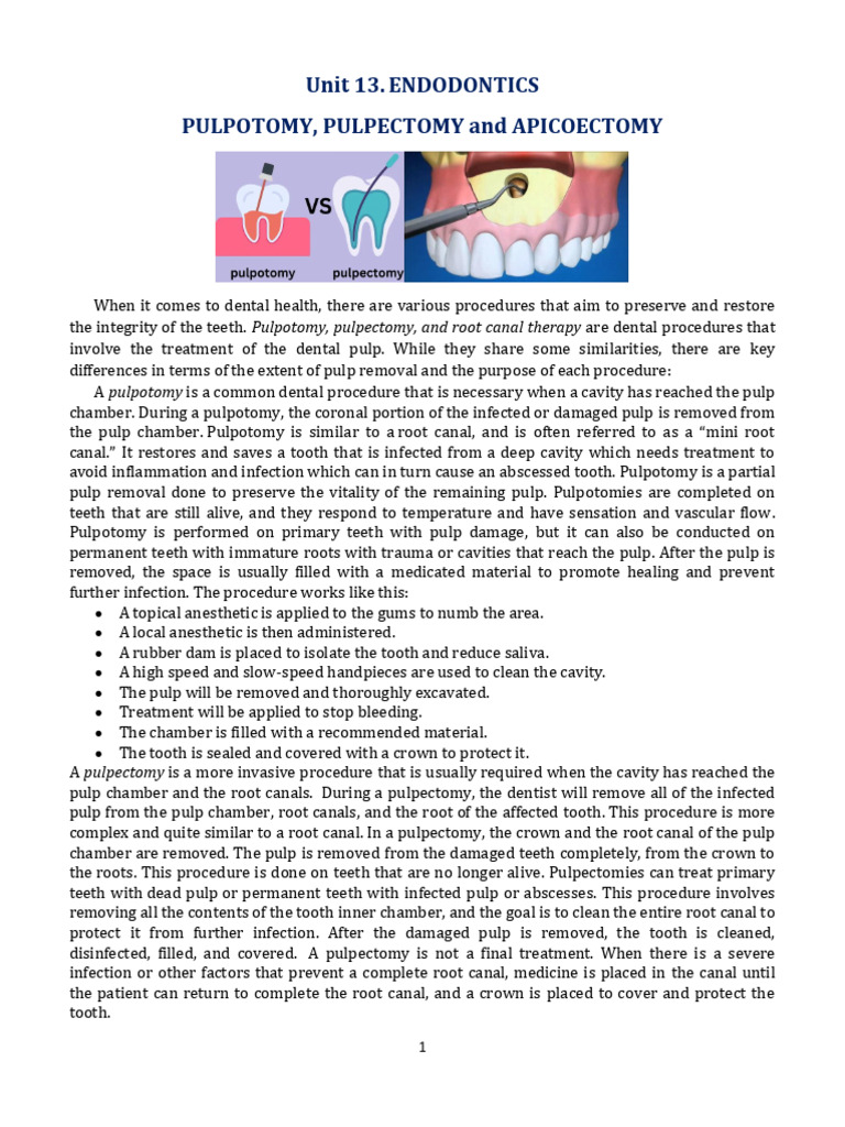 Unit 13 Endodontics Pulpotomy Pulpectomy and Apicoectomy-109722 | PDF | Surgery | Dentistry