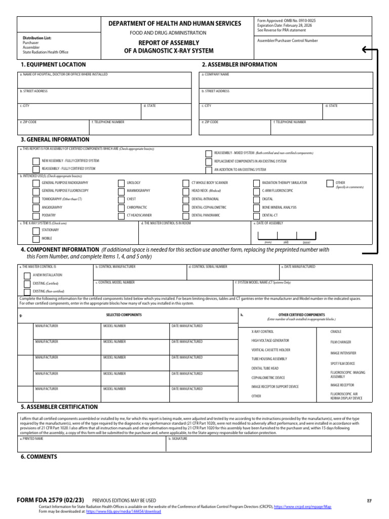 FDA Form 2579: X-Ray System Assembly Report | PDF | Ct Scan | X Ray