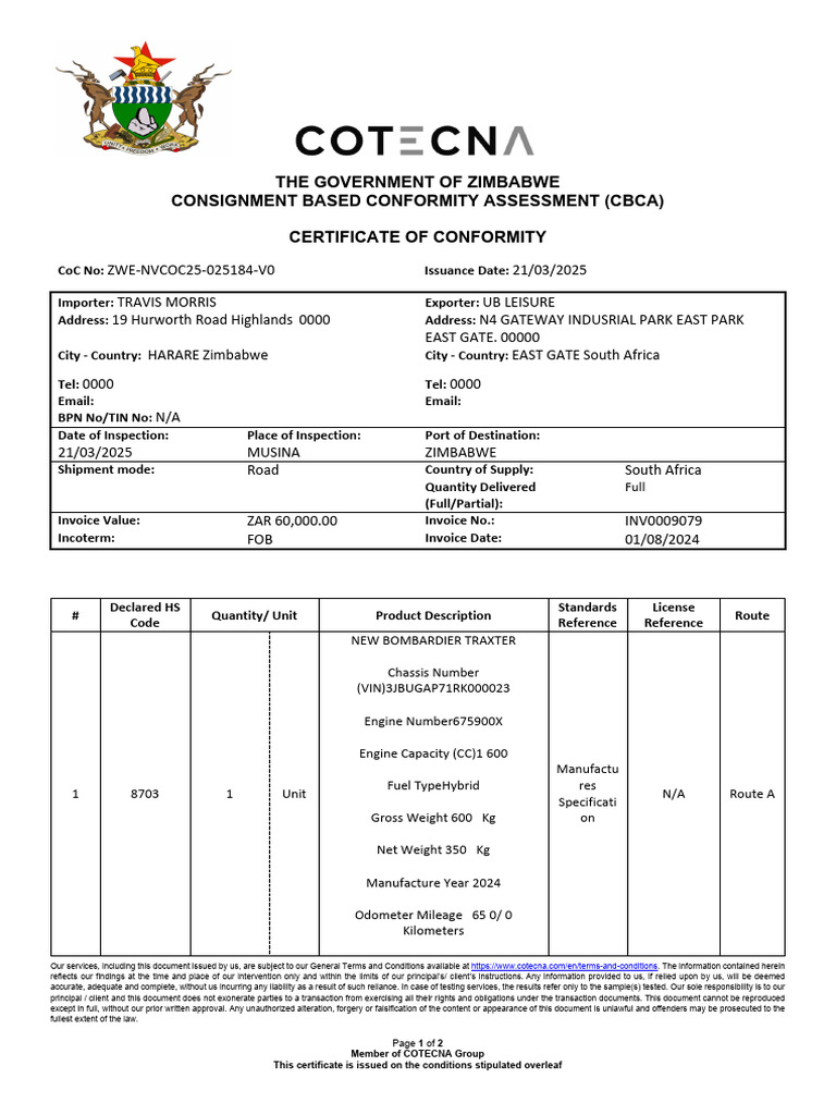 Zimbabwe CBCA Certificate of Conformity | PDF