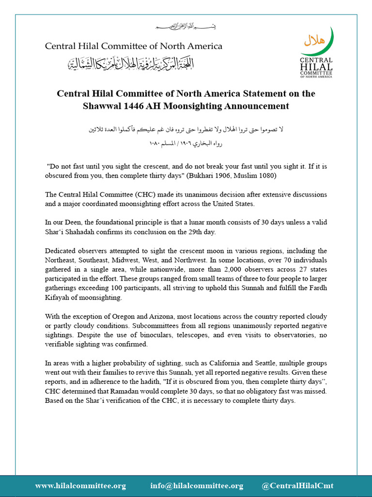 CHC Shawwal 1446 AH Announcement | PDF | Islamic Branches | Semitic ...