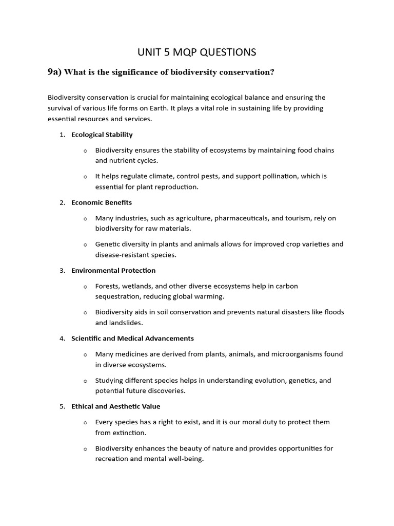 UNIT 5 MQP QUESTIONS | PDF | Biodiversity | Conservation Biology