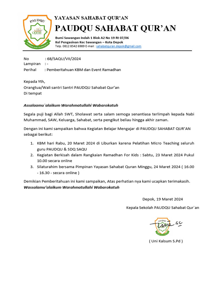 Surat Pemberitahuan Libur & Event Ramadhan Paud 2024 | PDF