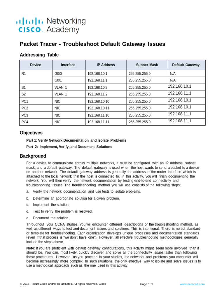 Answer 09 Ccna 1035 Packet Tracer Troubleshoot Default Gateway Issues Pdf Computer