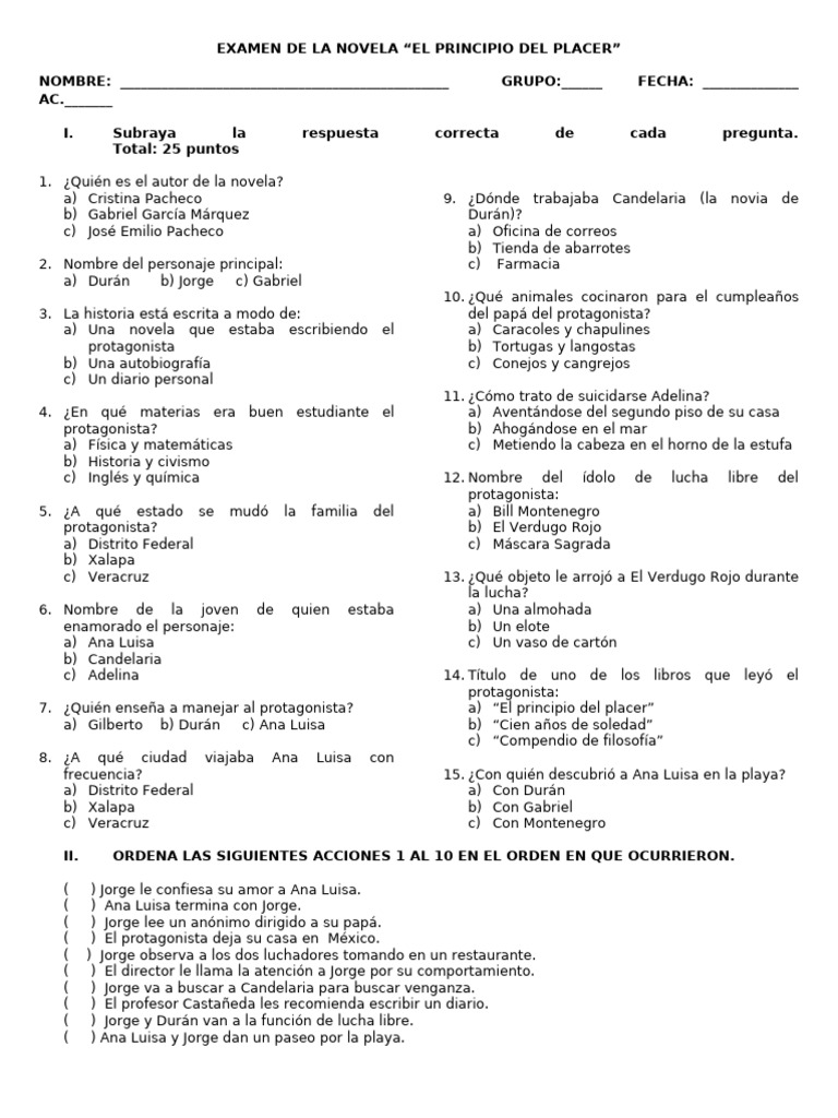 EXAMEN DE LA NOVELA El Principio Del Placer | PDF