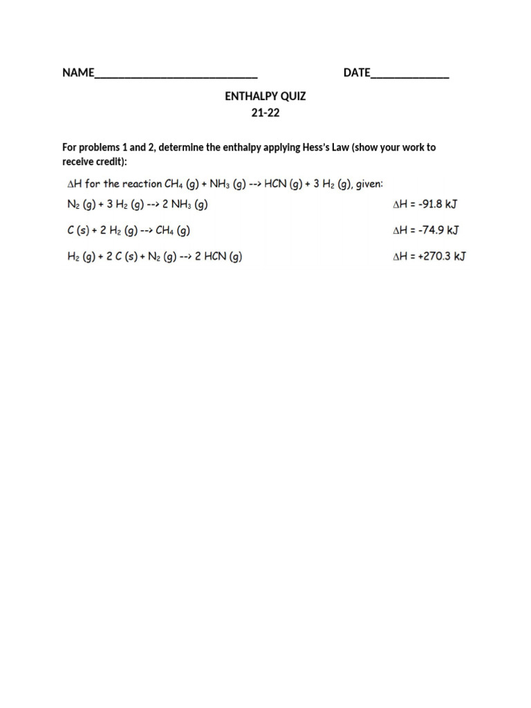 Enthalpy Quiz: Hess's Law & Formation | PDF