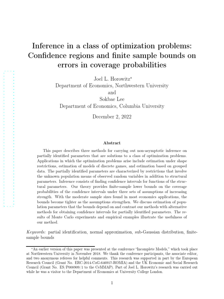 Inference In A Class Of Optimization Problems Confidence Regions And