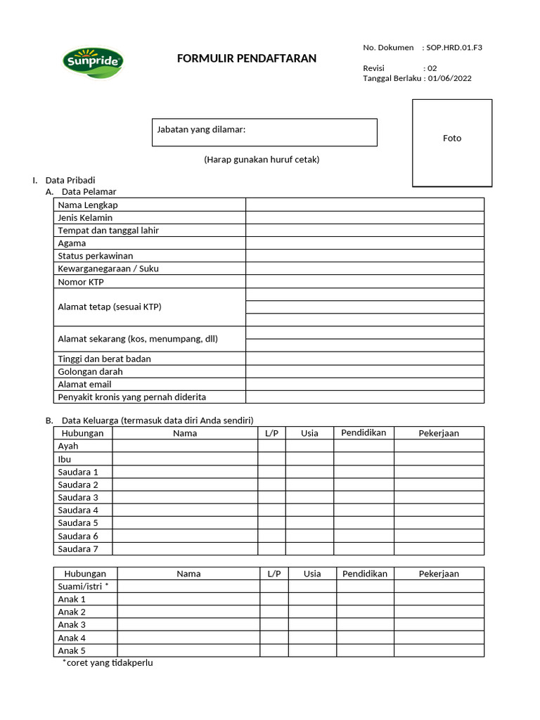SOP.HRD.01.F3 - Formulir Pendaftaran (rev1) | PDF