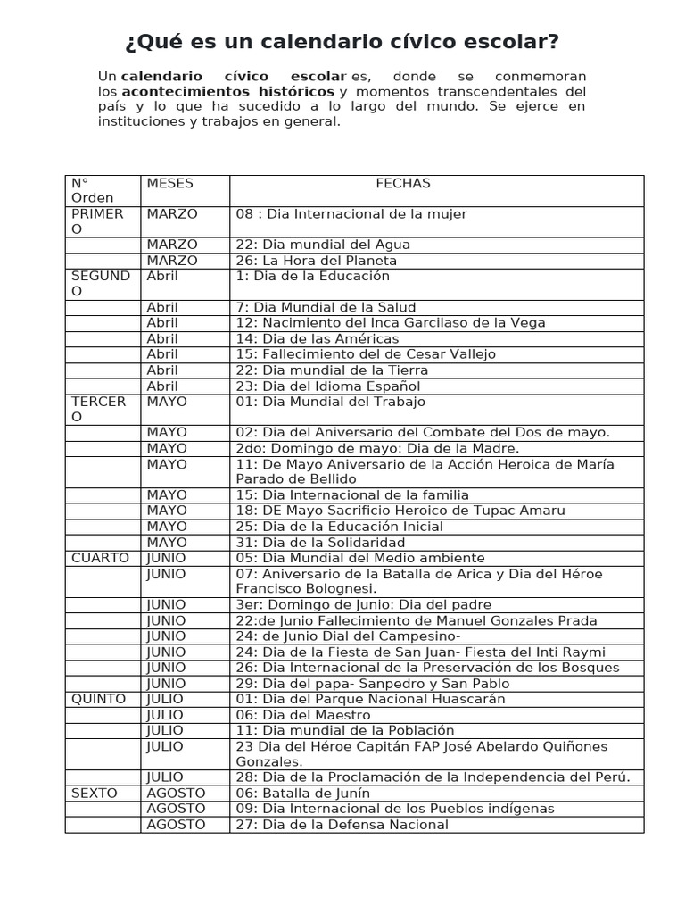 Qué Es Un Calendario Cívico Escolar | PDF | América del Sur | Perú