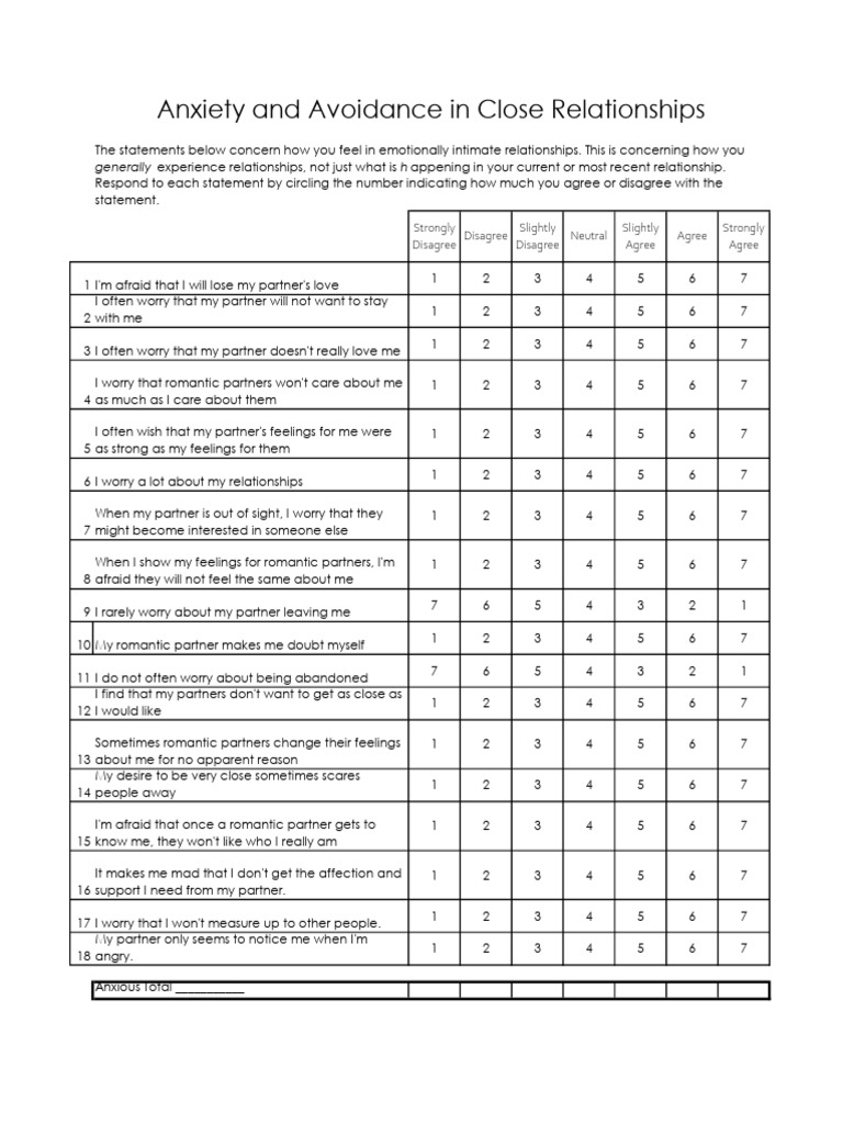 Anxiety and Avoidance in Close Relationships | PDF | Feeling | Romance ...