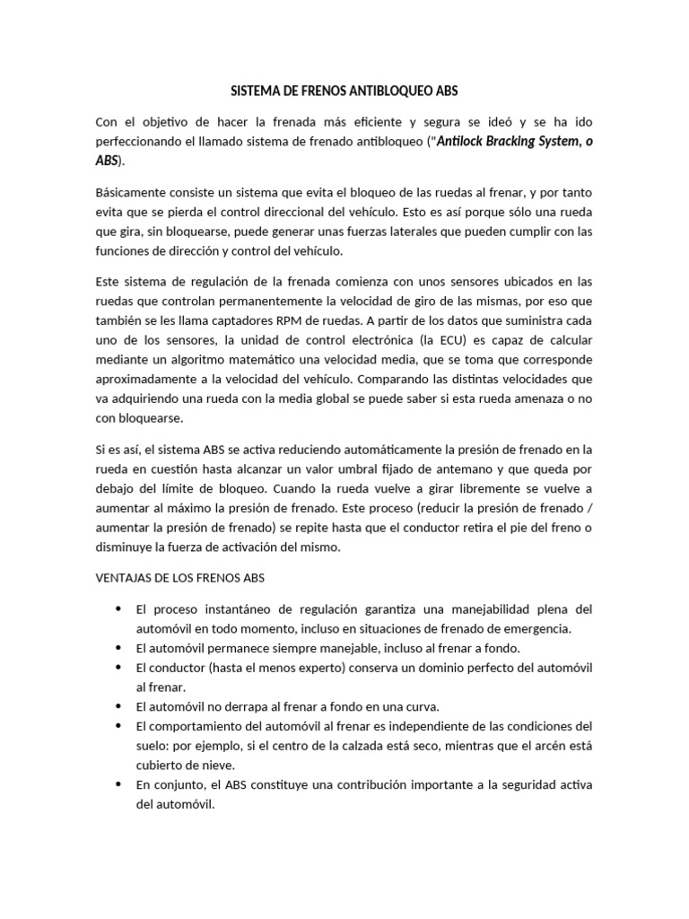 Sistema de Frenos Antibloqueo Abs | PDF | Sistema de freno antibloqueo | Bomba