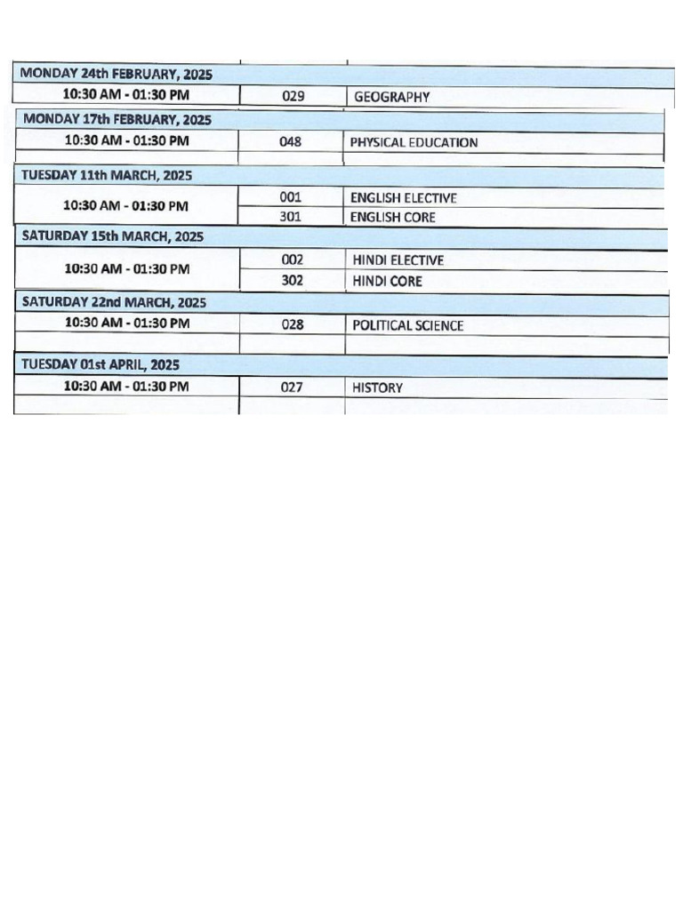 Datesheet Board 2025 Pdf