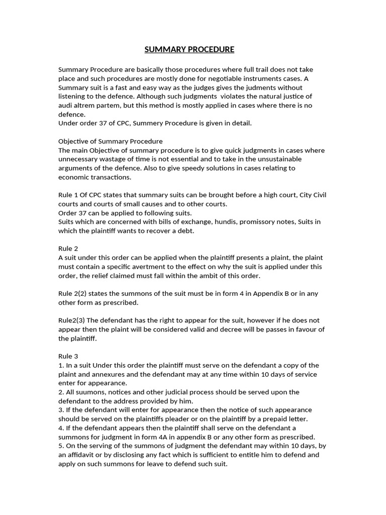 Summary Procedure in Civil Suits | PDF | Lawsuit | Summary Judgment