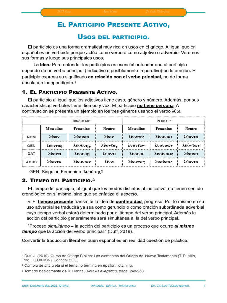 Usos del Participio Presente Activo en Griego | PDF | Verbo | Adverbio