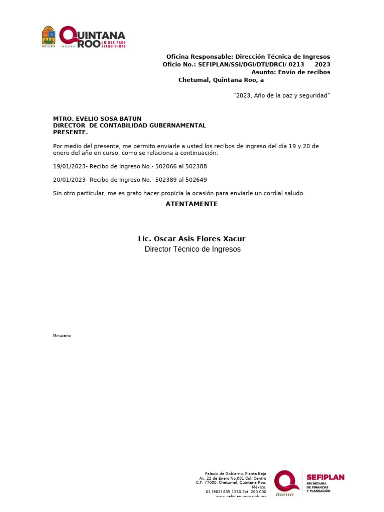 Oficio de Recibos 19 y 20 de Enero 2023 | PDF