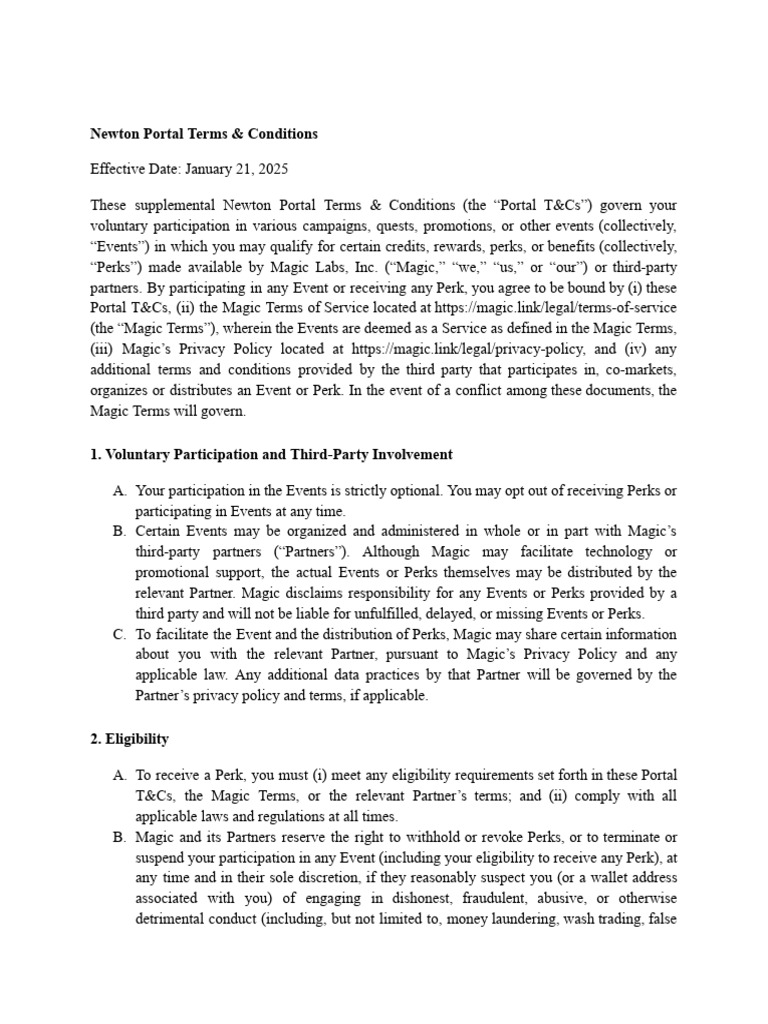 NewtonPortalTOS 20250114 | PDF | Legal Liability | Justice