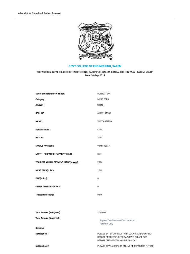Jaison Mess Bill | PDF