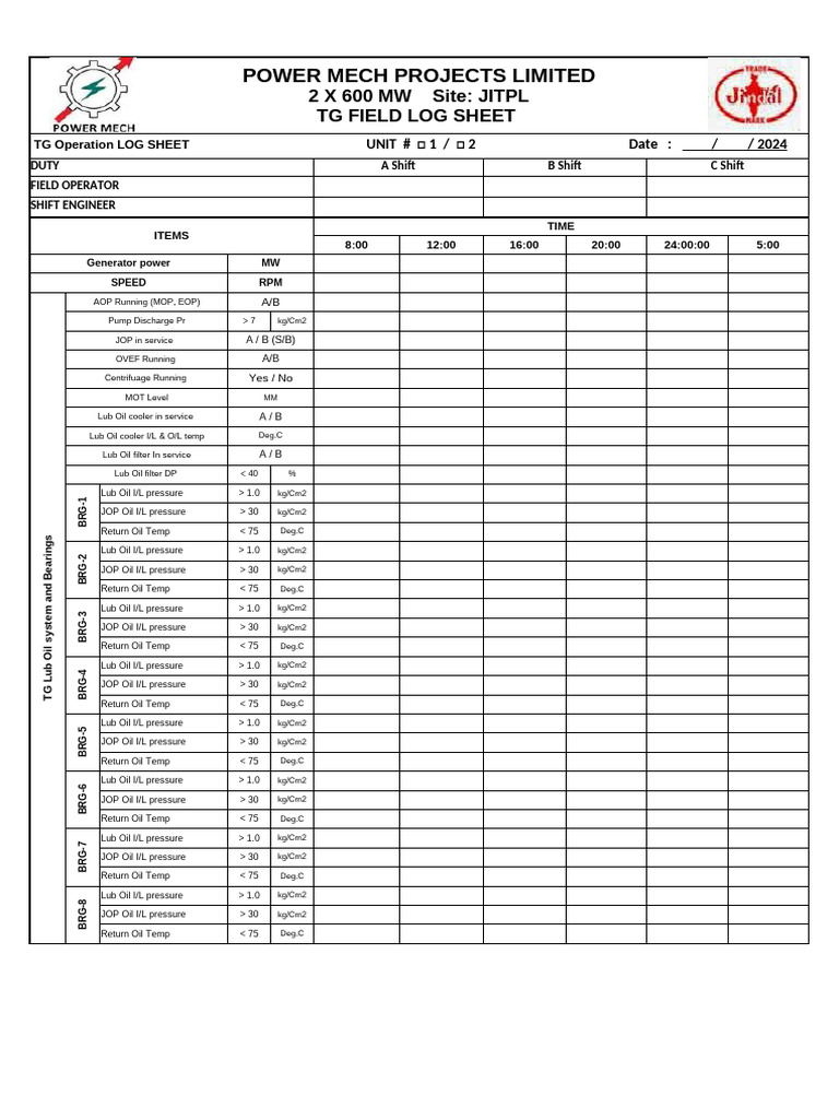 TG Operation and Log Sheet Template | PDF | Pump | Rotating Machines