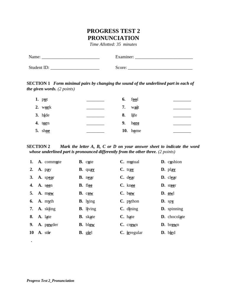 Pronunciation Progress Test 2 | PDF | Linguistics | Phonology