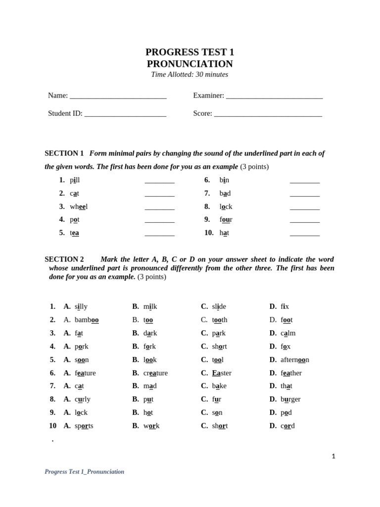 Pronunciation Progress Test 1 | PDF | Linguistics | Phonology
