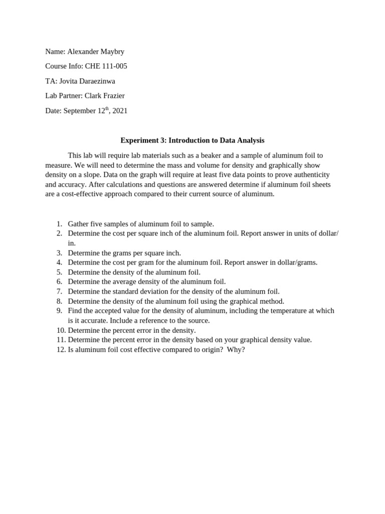 Aluminum Foil Density Analysis Lab | PDF