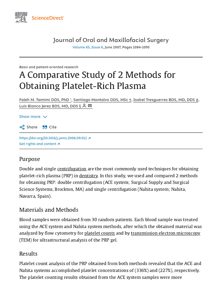 A Comparative Study of 2 Methods For Obtaining Platelet-Rich Plasma ...