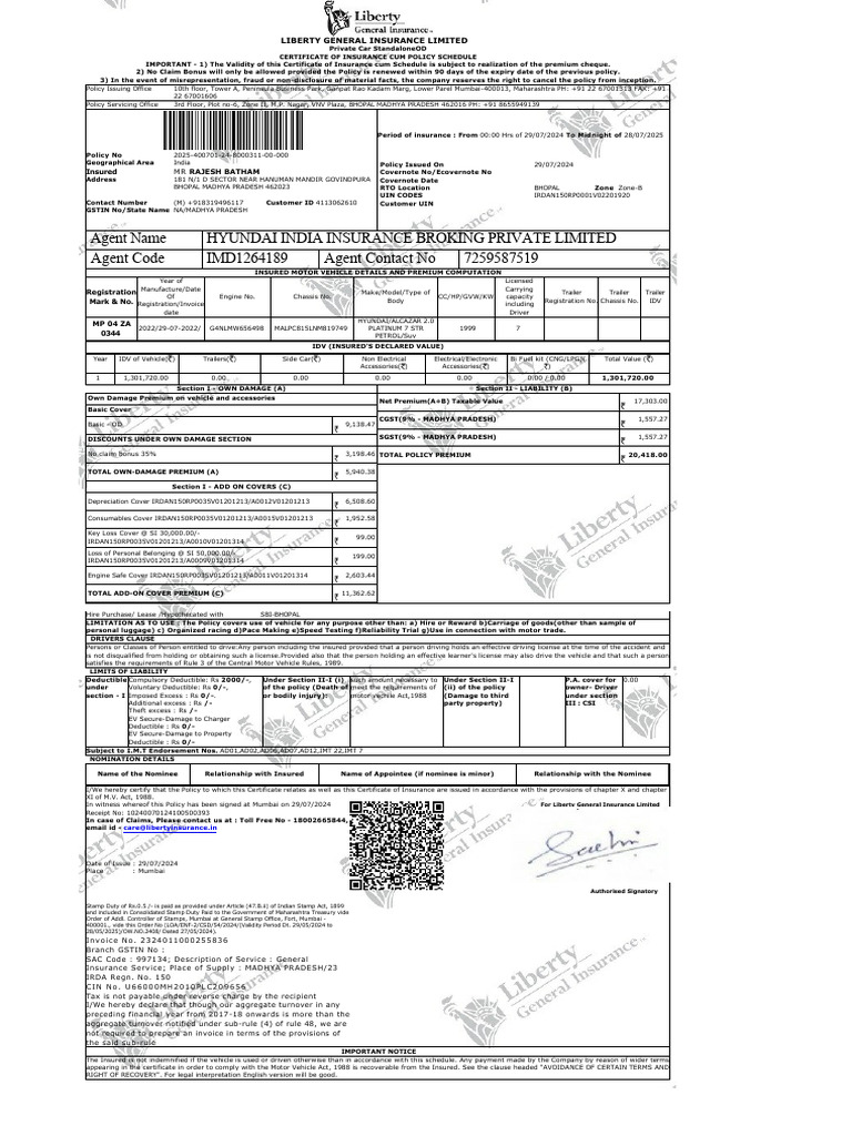 Hyundai Insurance Policy Certificate | PDF | Deductible | Insurance