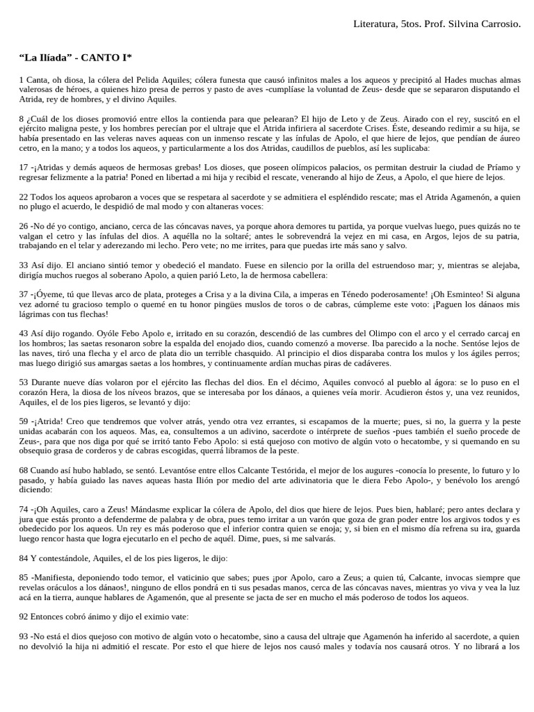 La Ilíada, Canto I | PDF | Aquiles | Ilíada