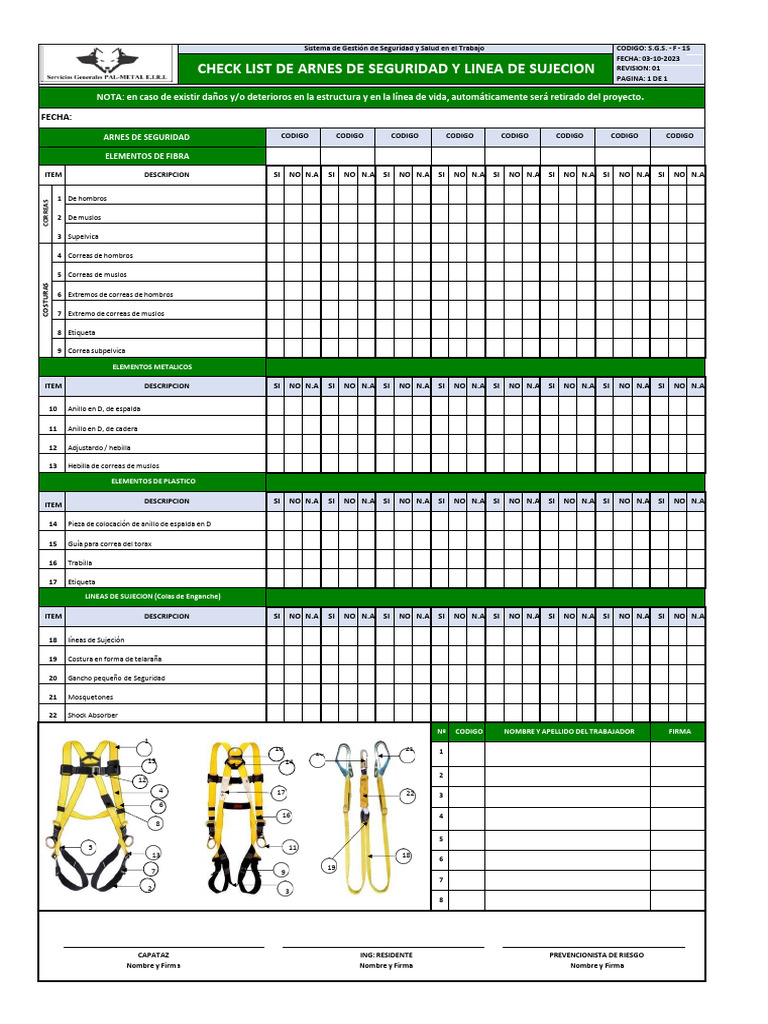 Checklist de Arnés de Seguridad 2023 | PDF
