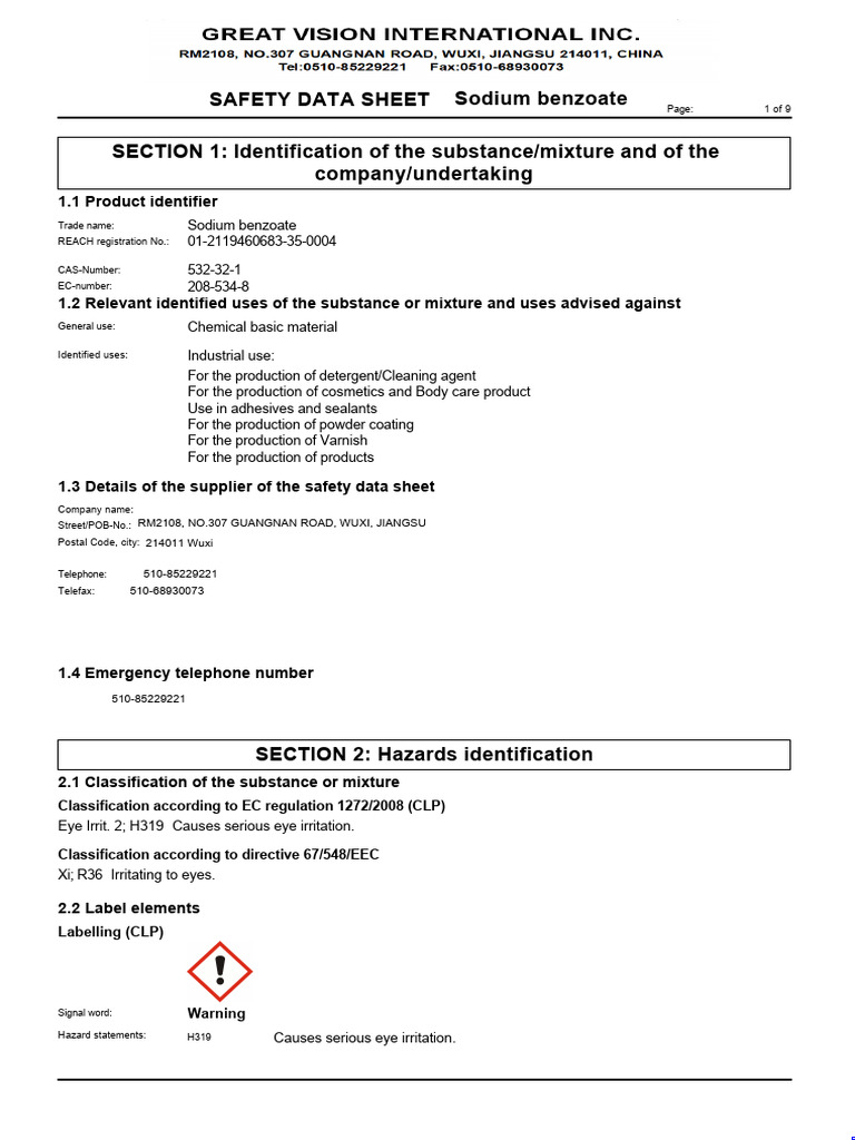 MSDS For Sodium Benzoate | PDF | Toxicity | Water