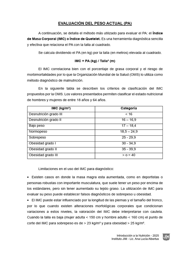 Evaluaci-N de Pa y C-Lculo de Pi - Introducci-N A La Nutrici-N 2024 | PDF | Índice de masa ...