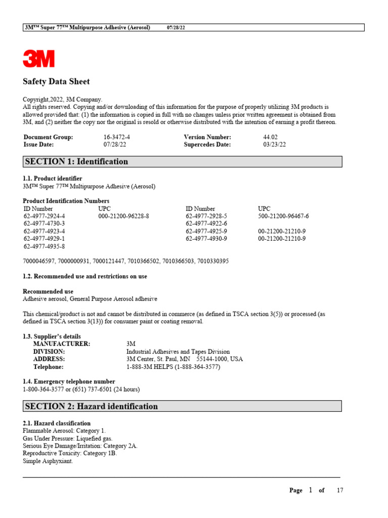 3M Super 77 Multipurpose Adhesive | PDF | Toxicity | Nausea
