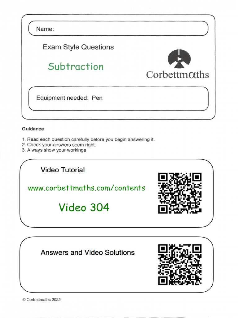 Subtraction Answers | PDF
