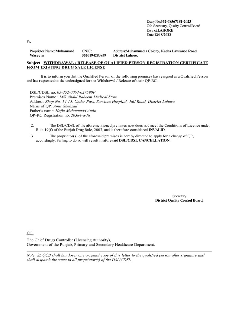 Drug License Withdrawal Notification | PDF