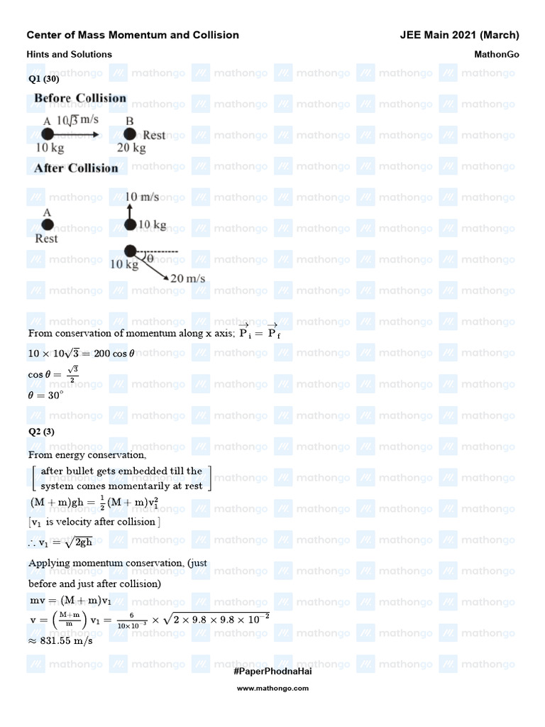 Mathongo Solution Center of Mass Momentum and Collision Jee Main 2021 ...