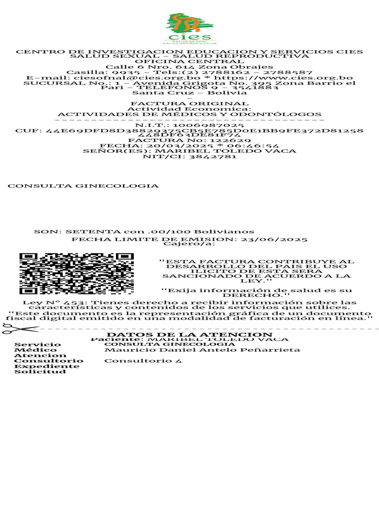 Factura Consulta Ginecológica CIES | PDF | Cuidado de la salud