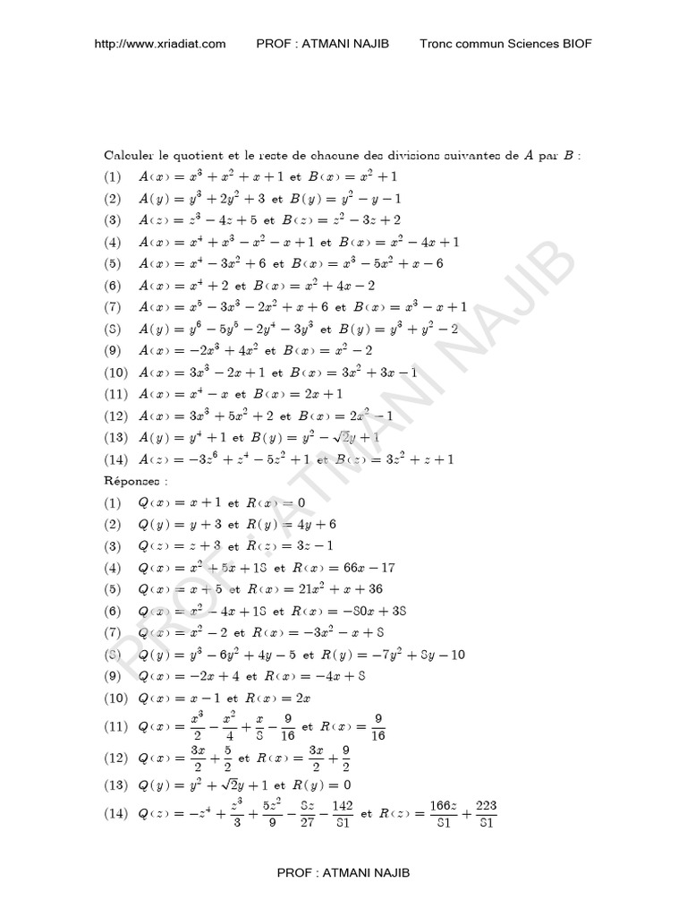 Exercices de division euclidienne des polynômes | PDF | Mathématiques ...