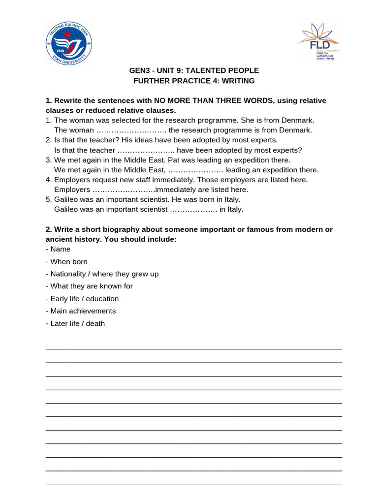 GEN3 - U9 - FUR - PRAC4 - WRITING - (For SS) | PDF