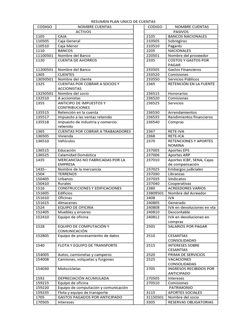Resumen Plan Unico de Cuentas | PDF | Industrias de servicio | Comercio