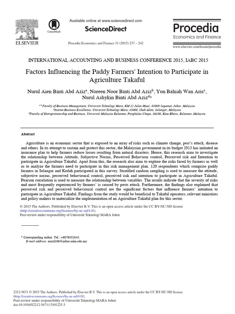 Factors Influencing The Paddy Farmers' Intention To Participate in | PDF | Attitude (Psychology ...