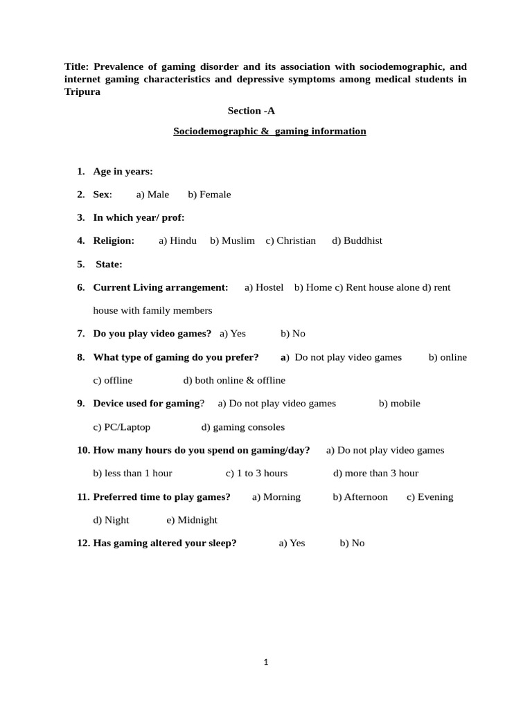 Gaming Addiction Questionnaire | PDF | Human Diseases And Disorders ...