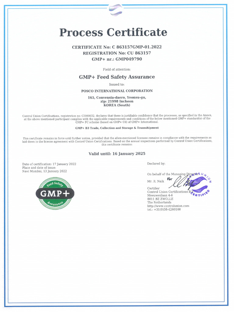 POSCO INTERNATIONAL GMP+ Feed Safety Assurance Certificate (_25.01.16 ...