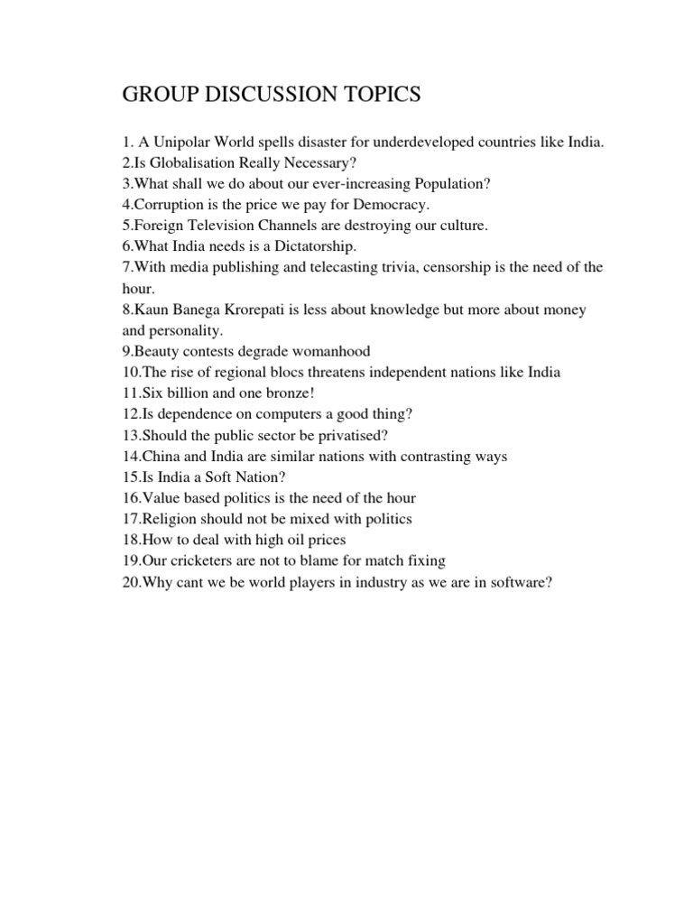 Engaging Group Discussion Topics | PDF | Politics | Travel