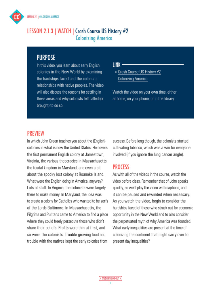 Crash Course US History - Colonizing America | PDF | Roanoke Colony ...