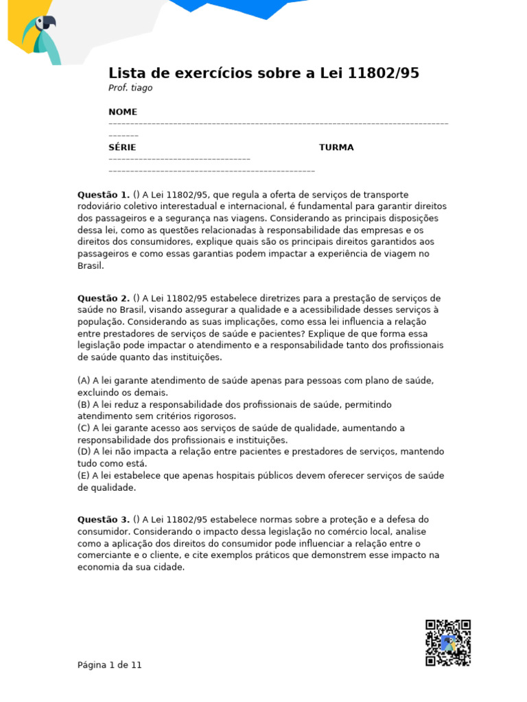 Exercícios sobre a Lei 11802/95 | PDF | Economia | Proteção ao consumidor