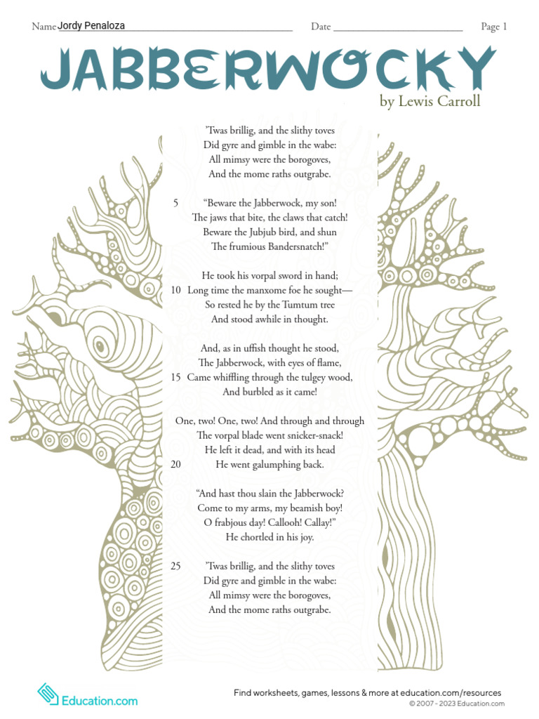 Analyzing Poetry Jabberwocky | PDF | Alice's Adventures In Wonderland ...
