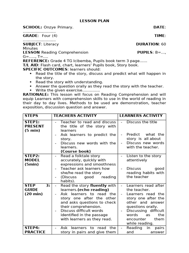 Grade 4 Literacy Lesson Plan Reading Comprehensionn | PDF | Reading Comprehension | Procedural ...