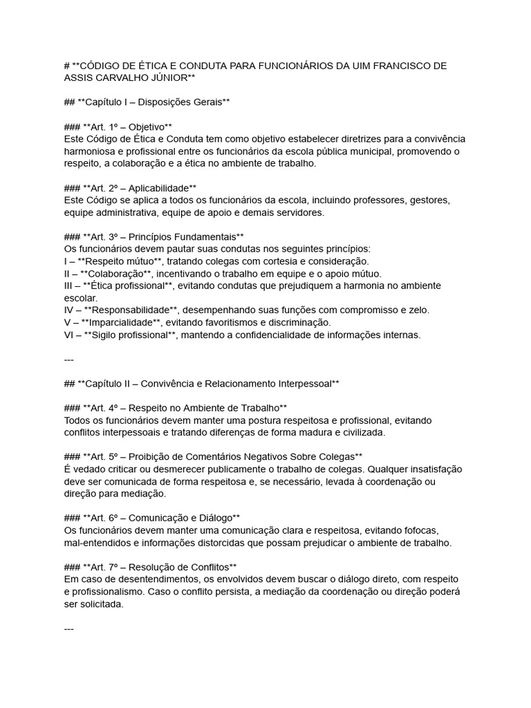 CÓDIGO DE ÉTICA E CONDUTA PARA FUNCIONÁRIOS DA UIM FRANCISCO DE ASSIS ...