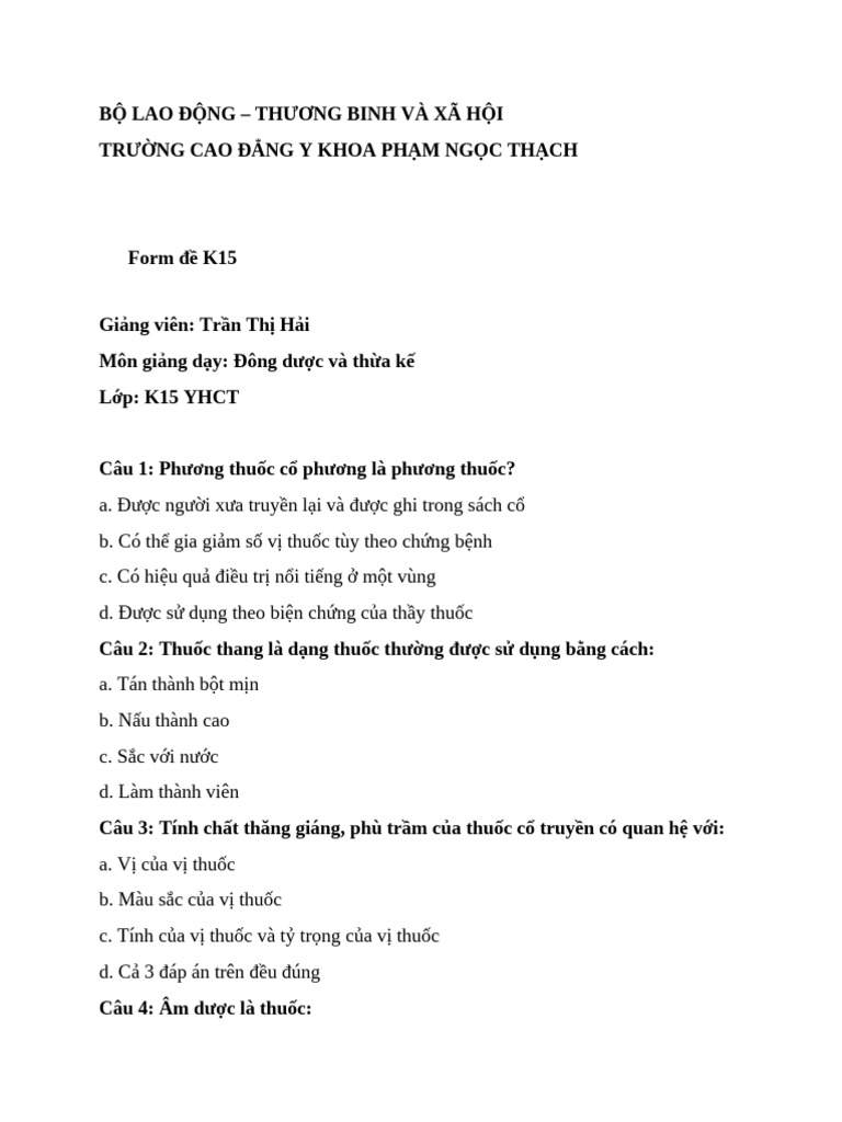 Đề Thi Môn Đông Dược Và Thừa Kế k15 Yhct | PDF
