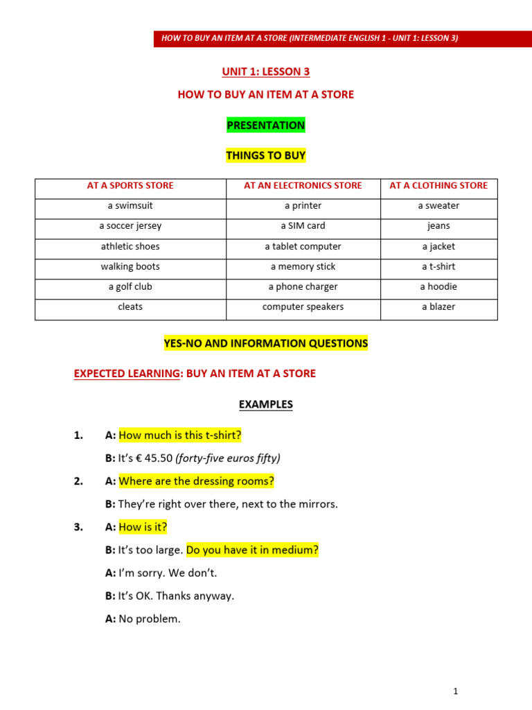 How To Buy An Item at A Store (Unit 1 - Lesson 3) | PDF